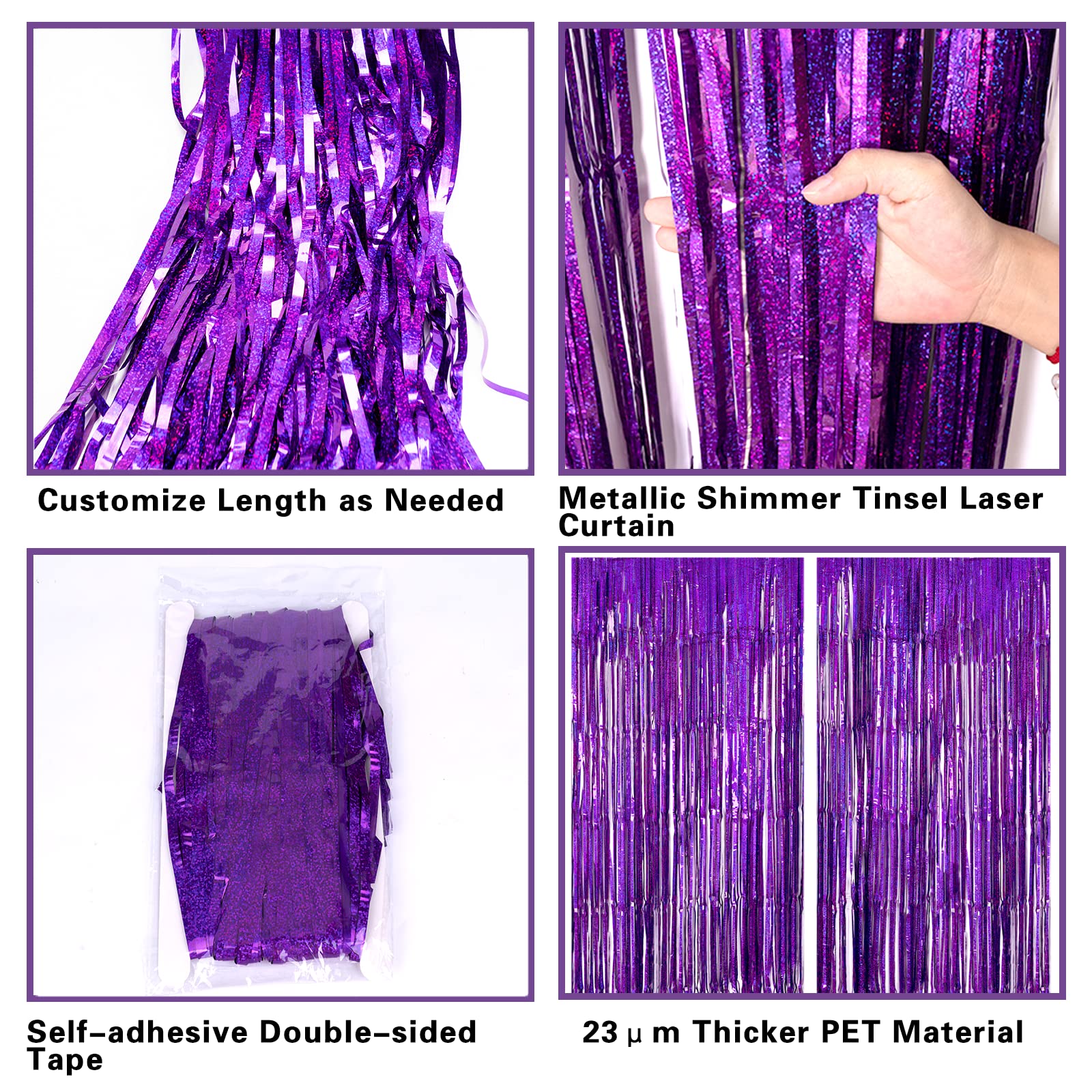 2 Pack 3.2ft x 8.2ft Purple Metallic Tinsel Foil Fringe Curtains, Large Photo Booth Backdrop Streamer Curtain for Party Door Wall Curtains Wedding Bachelorette Birthday Christmas New Year Decorations