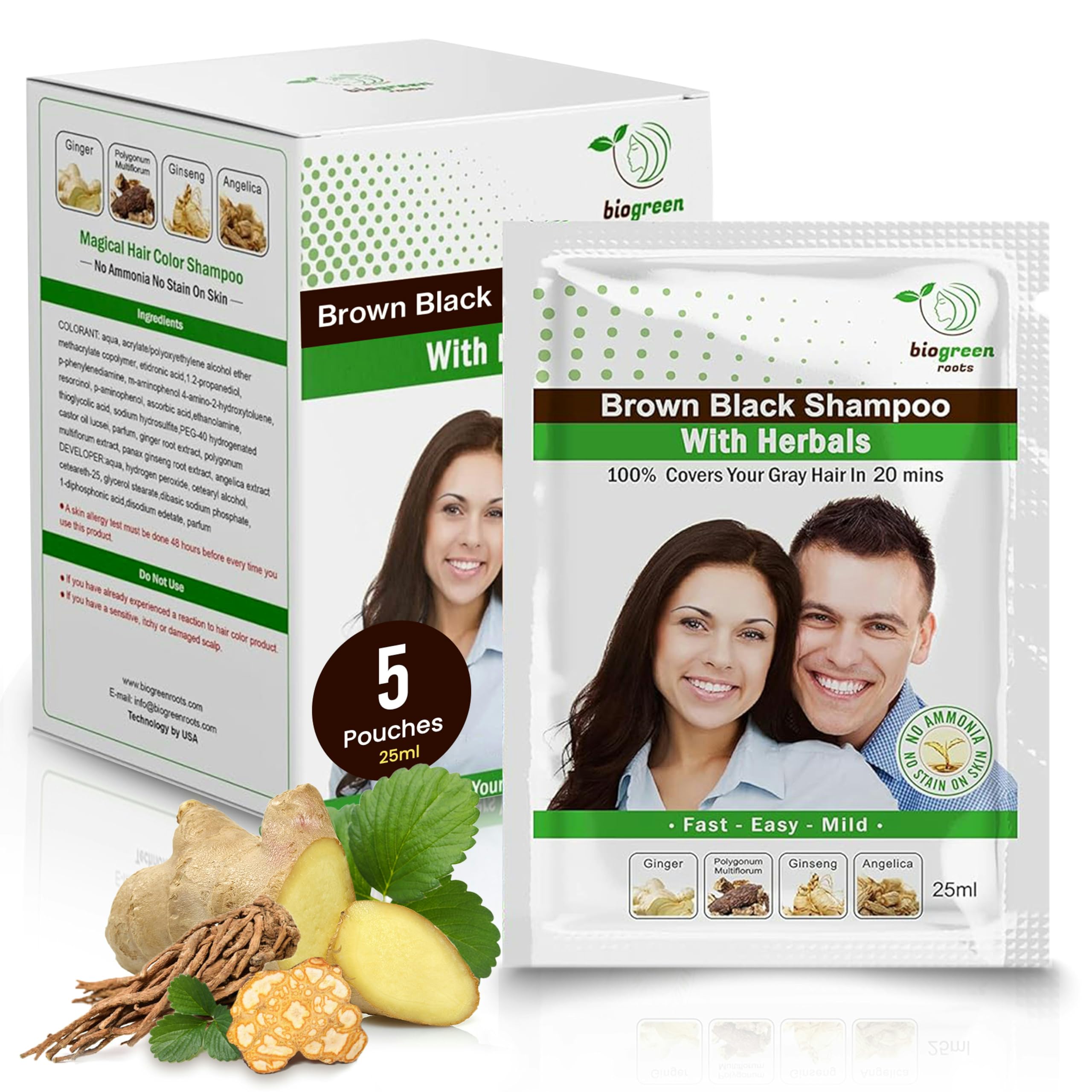 Biogreen Roots Ammonia-Free Herbal Hair Shampoo - Effectively Covers Gray Hair for Men and Women - Natural Color and Herbal Nourishment - No Stain on Skin - Brown Black (5 sachets x 25 ml)