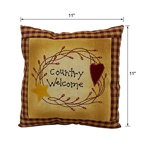CVHOMEDECO. Primitives Country Welcome Embroidered Throw Pillow with Heart Star Berry Vine Farmhouse Accent. 11 x 11 Inch