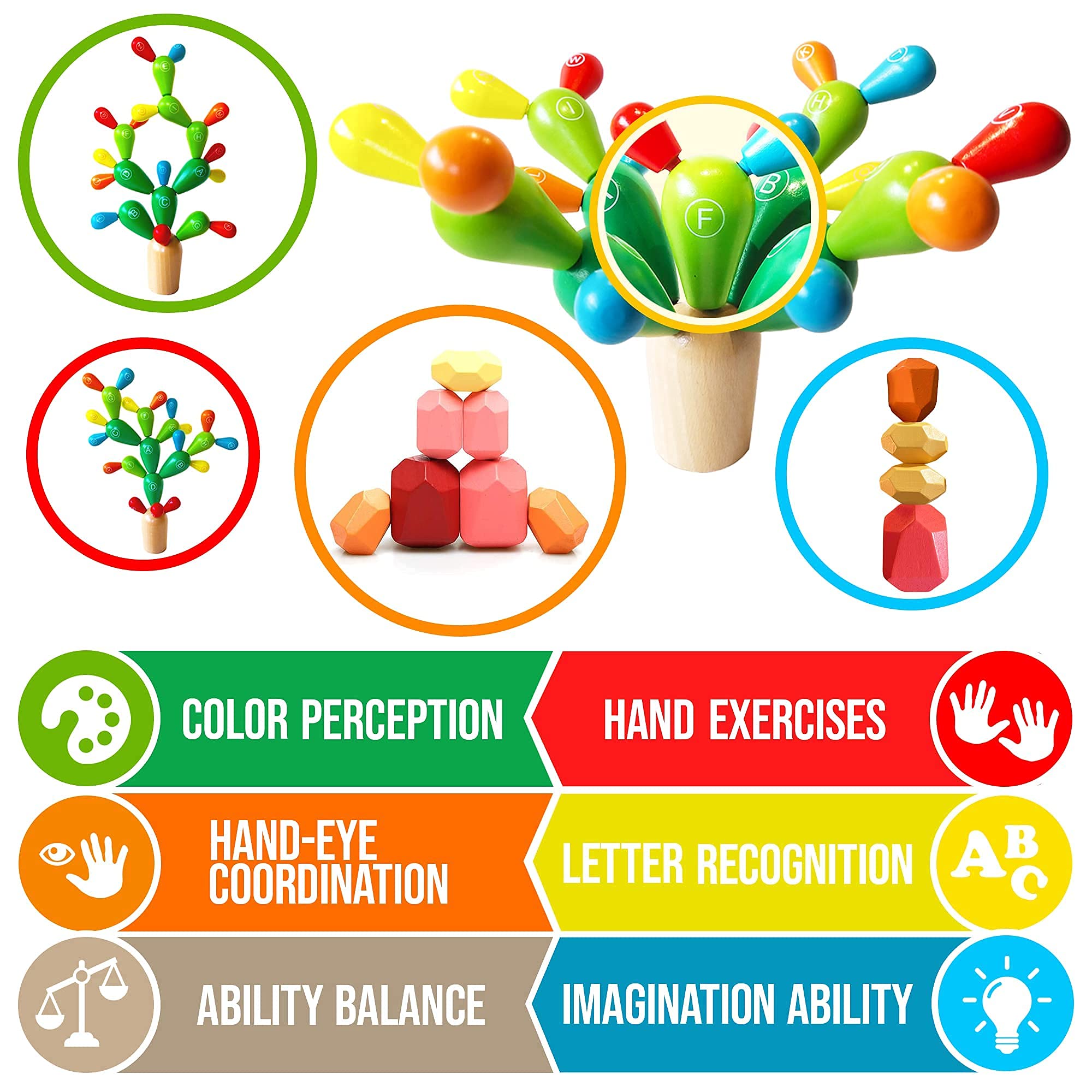 38 PCs Wooden Stacking Stones & Wooden Cactus Toy for Fine Motor Cactus Game, Balancing Cactus Toy is Made for Toddler and Kids with Easy Storage Bag, Educational Stacking Tree and Rock Stocking