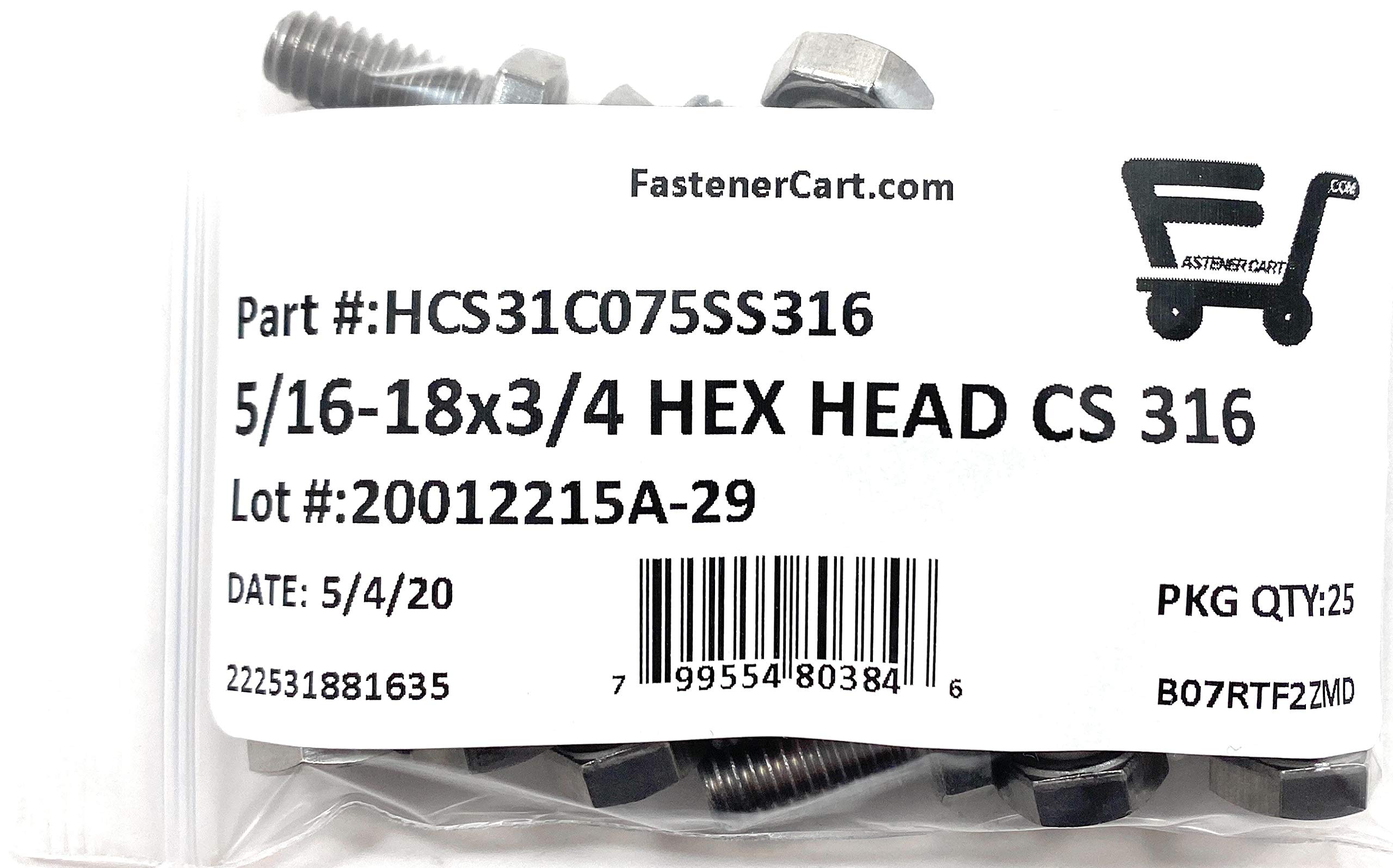 5/16-18x3/4 Stainless Steel Hex Cap Screws Hex Bolts 316 Marine Grade Stainless Steel (UNC) COARSE Thread - (25 pcs)