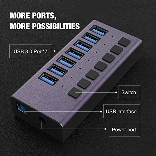 USB 3.0 Hub -7 Ports Powered USB Hub 36W USB Charging Hub with Individual On/Off Switches and 12V/3A Power Adapter and Light for PC, Laptop, Computer, Mobile HDD, Flash Drive and More(Purple)