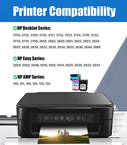 LeciRoba Compatible for HP Deskjet 3755 Ink Cartridges High Yield Remanufactured HP 65XL Ink Cartridges Replacement for HP DeskJet 2600 3700 Series Envy 5000 Series AMP 100 Series Printer (2-Pack)