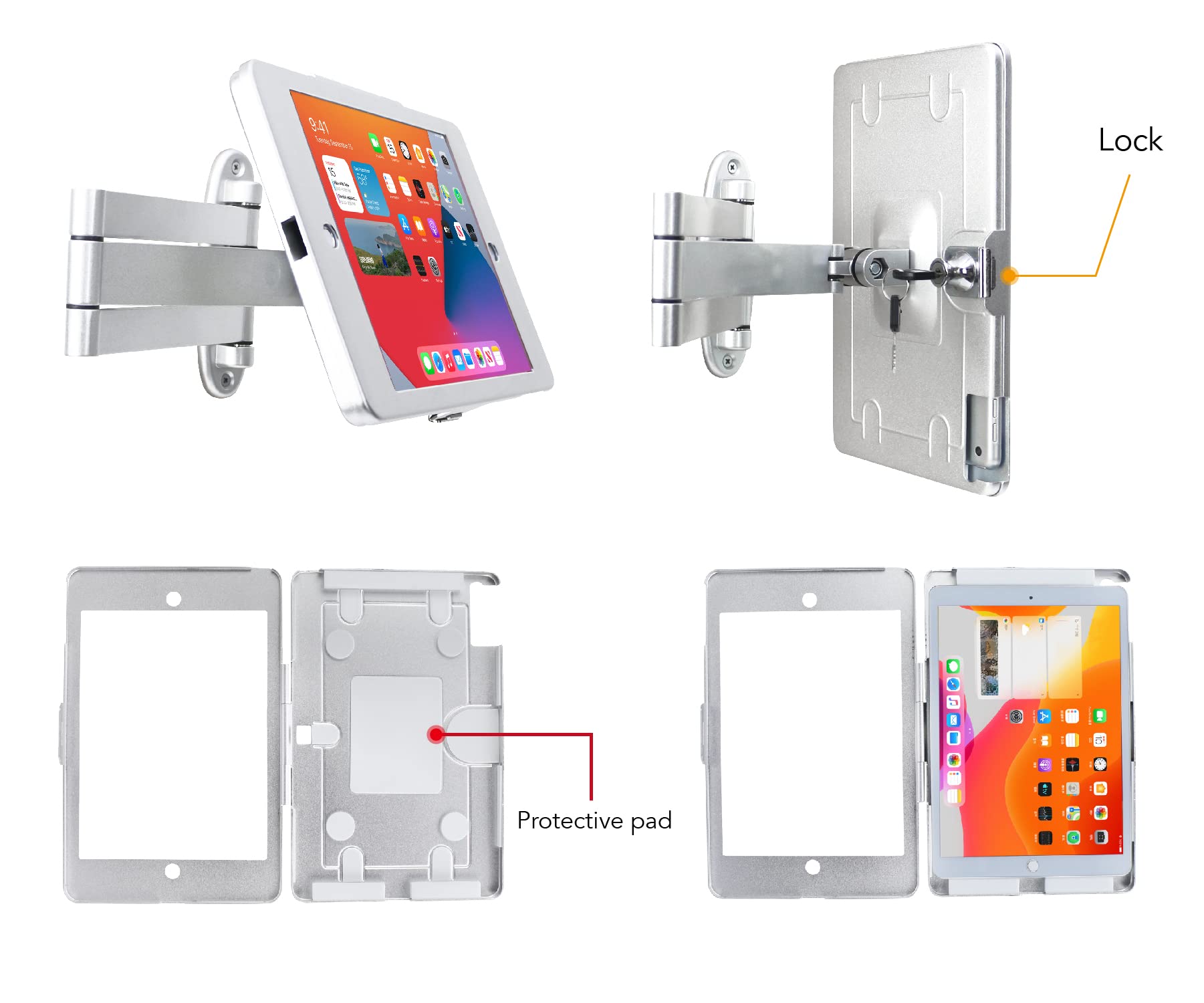 WeSTRUGGLE Tablet Wall Mount Bracket with fold for iPad 10.2-Inch (9th,8th,7th Gen.), Extend Adjustable Arm Swivel with Anti Theft Security Lock and Key, Multi Angle, Rotate Design,Metal (Silver)