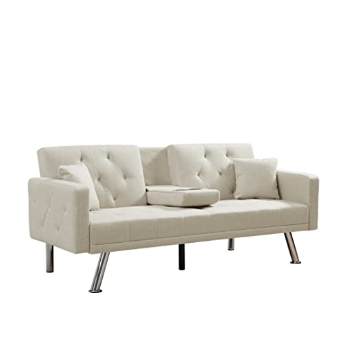 3 in 1 Comfy Daybed Loveseat Convertible Sleeper Couch Bed, Linen Tufted Upholstered Futon Love Seat Sofabed W/Drop-Down Cupholders & Metal Legs for Home Office Apartment Compact Space Living Room
