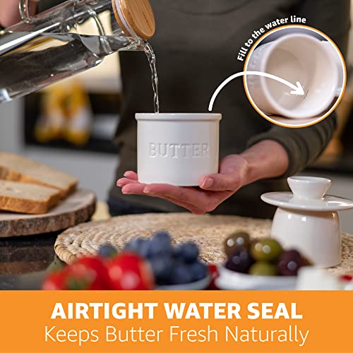 French Butter Crock for Counter With Water Line, On Demand Spreadable Butter, Ceramic Bell Style Butter Keeper to Leave On Counter, French Butter Dish with Lid, White