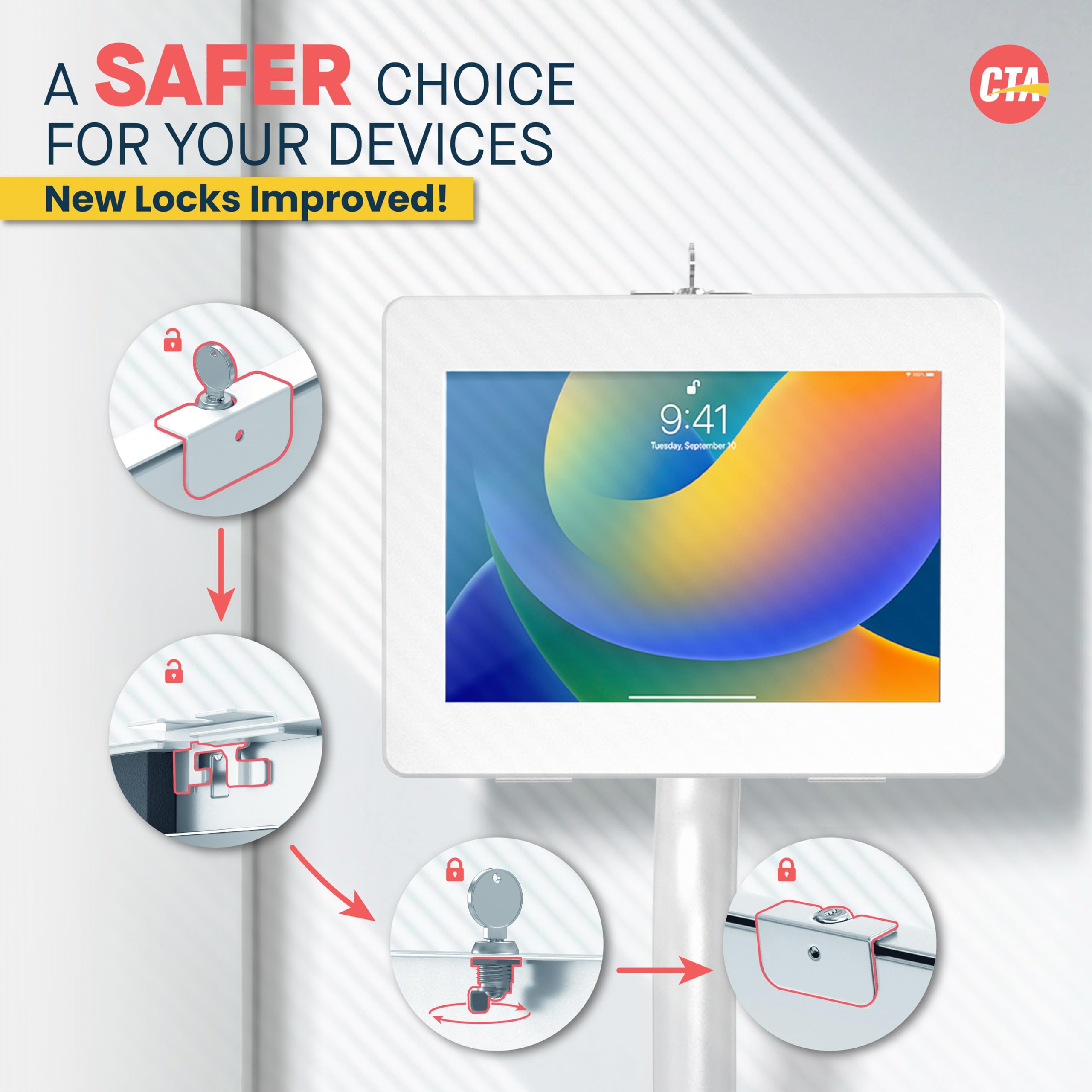 Anti-Theft Height Adjustable Kiosk Floor Stand CTA Secure Lockable Store Kiosk W/Height Adjustable Mechanism | for iPad 7/8/9 iPad Pro 11โ Inch Samsung & Microsoft Tablets - White (PAD-PARAFDW)
