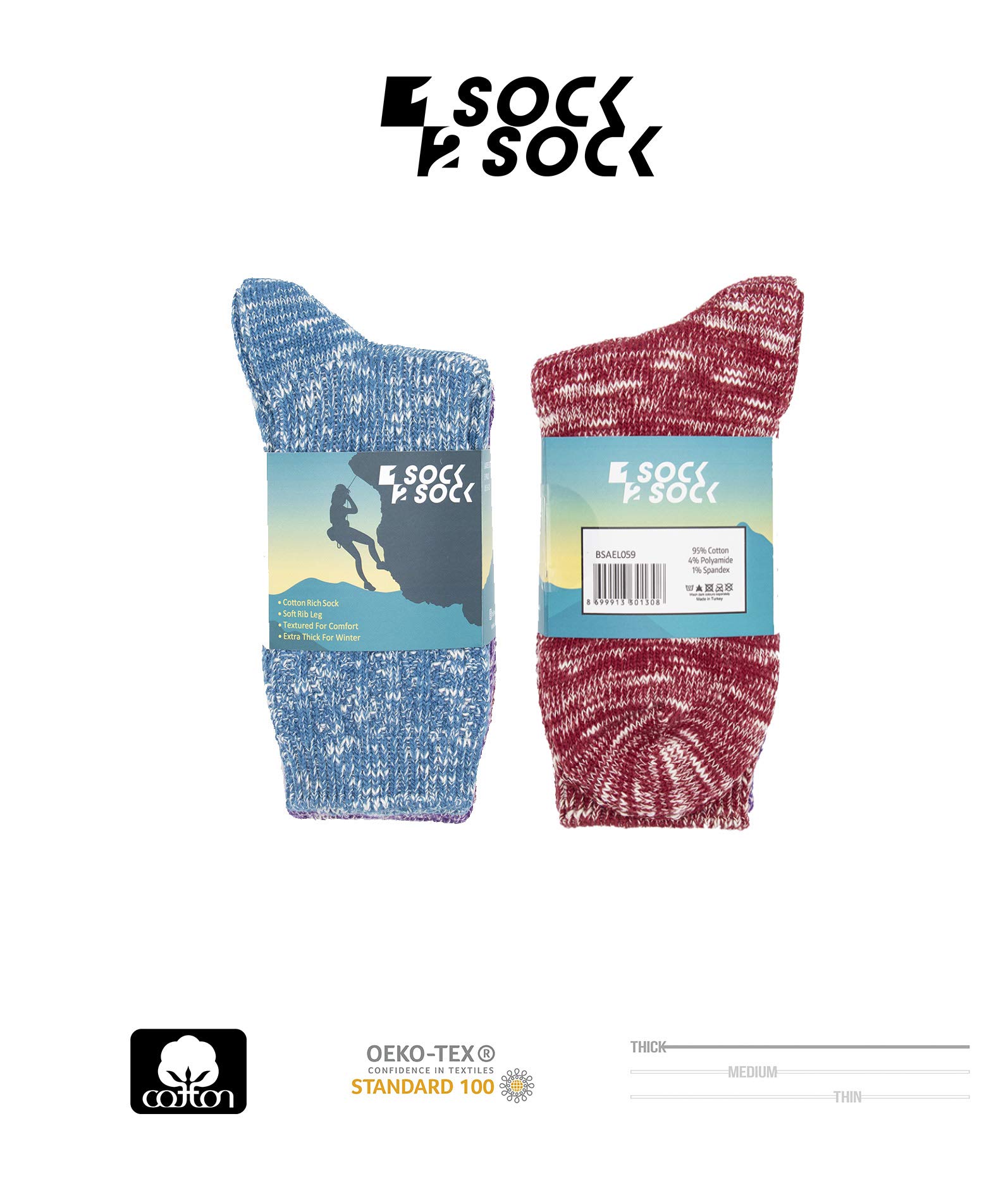 1SOCK2SOCK - Women's Warm Fuzzy Thermal Turkish Cotton Crew Socks - Cold Weather & Hiking (Red-Blue-Purple, Medium)