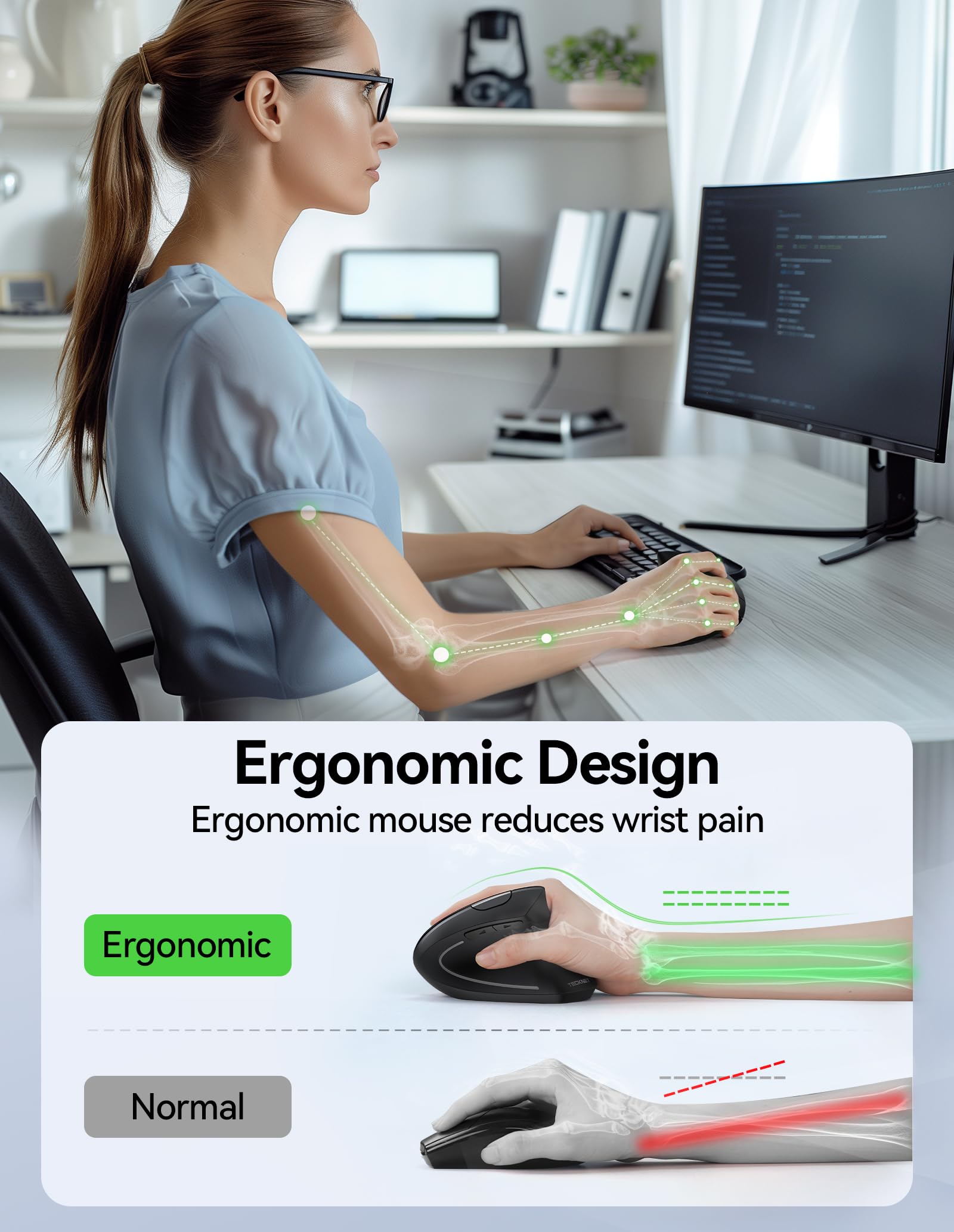 TECKNET Ergonomic Mouse, Rechargeable Vertical Ergo Mouse Wireless, Silent 2.4GHz 6 Buttons Optical Carpal Tunnel Mouse, 5 Adjustment Levels, Up to 4800DPI Wireless Mouse for Laptop, Desktop, PC