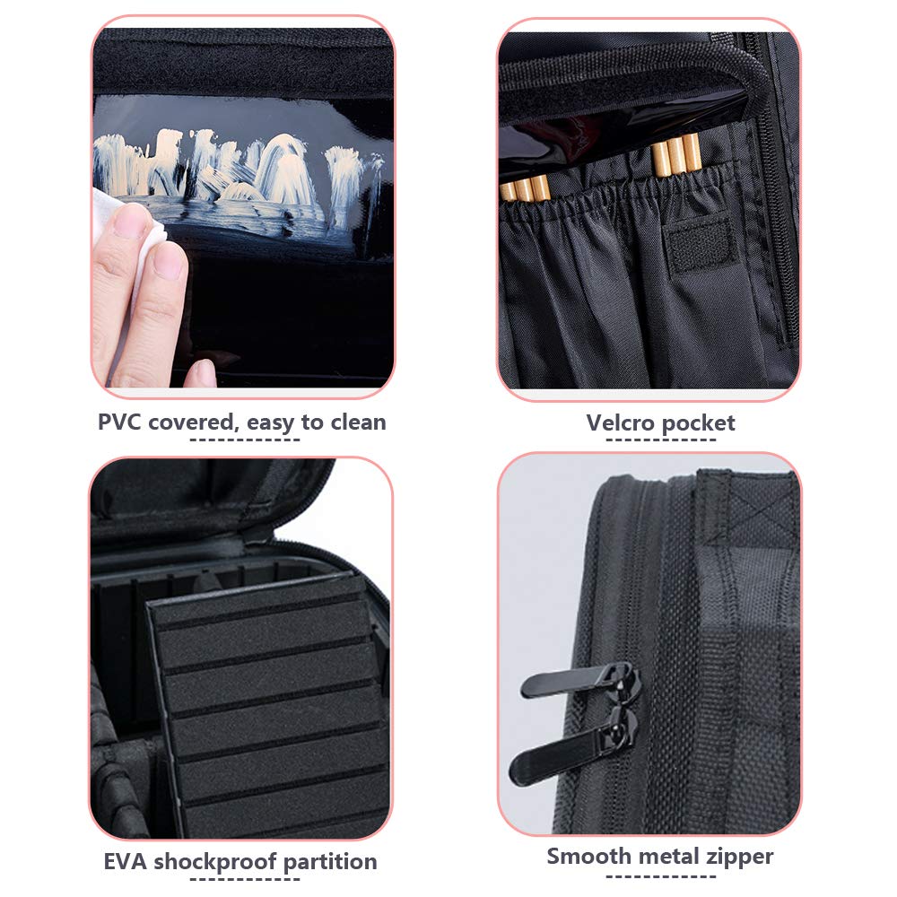 BEIKOTT Makeup Train Case, Makeup Organizer, Portable Artist Storage Bag with Adjustable Dividers for Cosmetics, Makeup Brushes & Toiletry Jewelry Accessories, Black