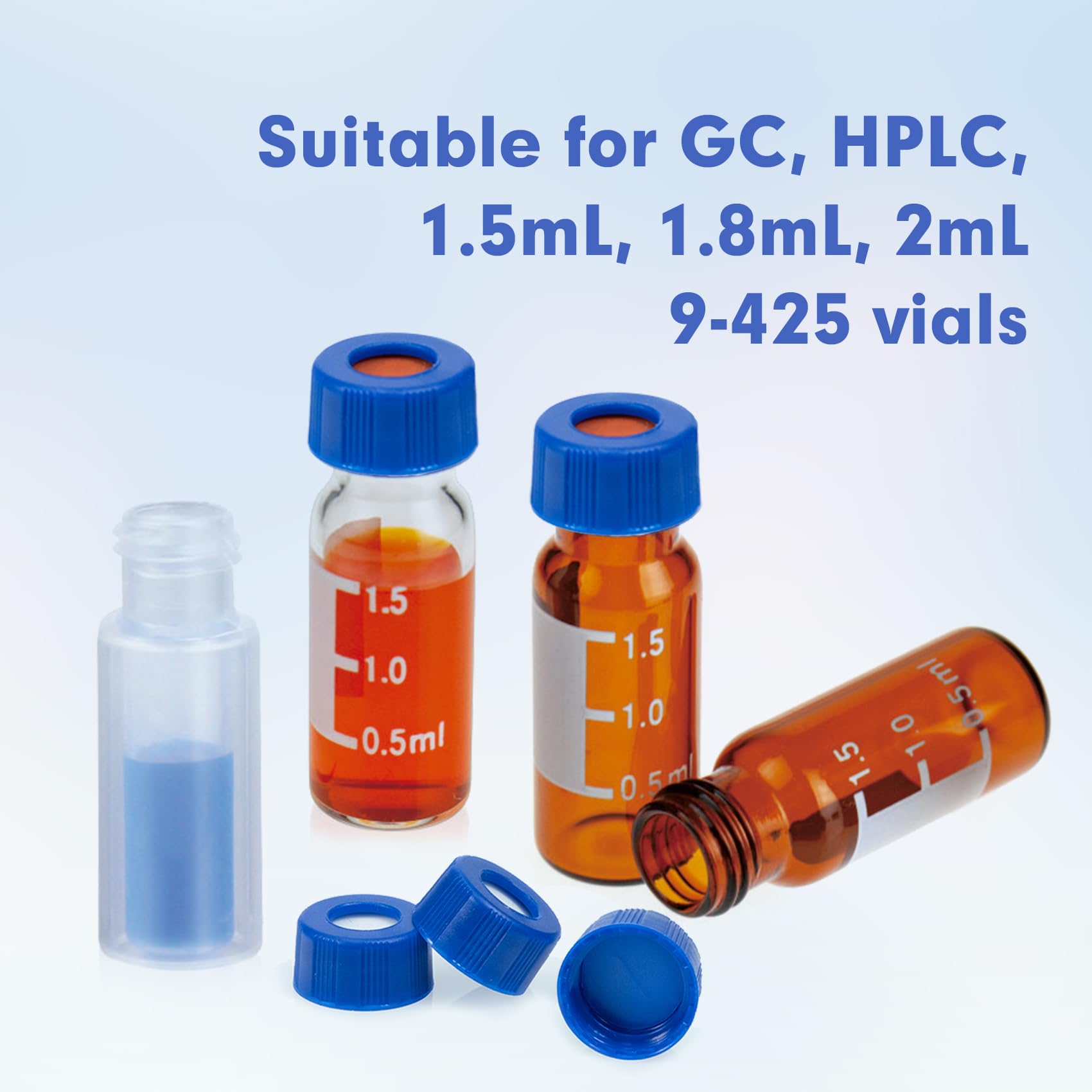 ALWSCI HPLC Pre-Slit 9-425 Screw Thread Vial Blue Caps, 9 mm, Blue PTFE/White Silicone Septa, 100 pcs/pk