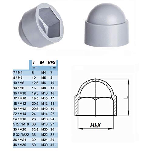 5x HEX NUT COVER CAP M4 TO M30 PROTECTION BOLT ROUND HEXAGON DOME GREY SCREW HEAD CAR PLASTIC (Diameter M12 / Hex 19mm)