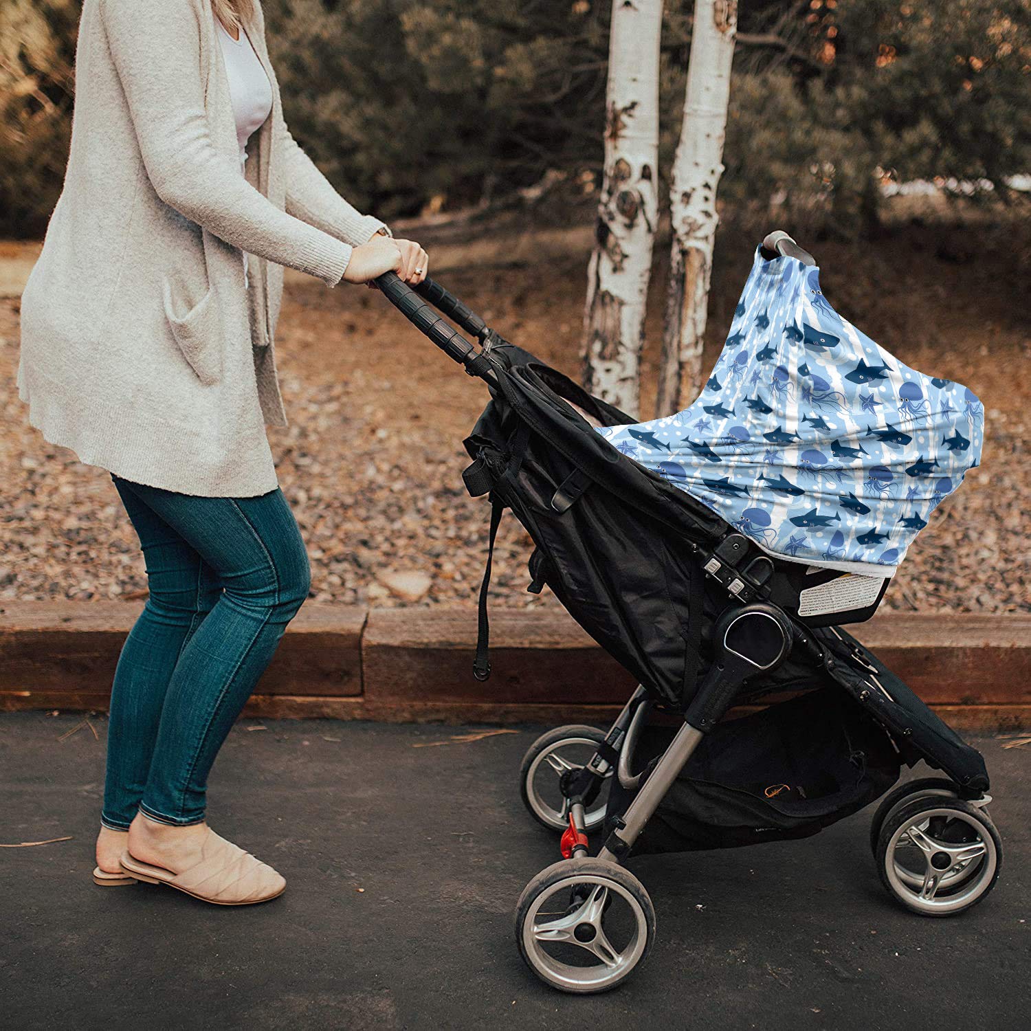 Nursing Cover for Breastfeeding Scarf Super Soft Cotton Multi Use for Baby Car Seat Covers Canopy Shopping Cart Cover Blanket Stroller Cover-Ocean Themed Fish Shark Octopus Starfish