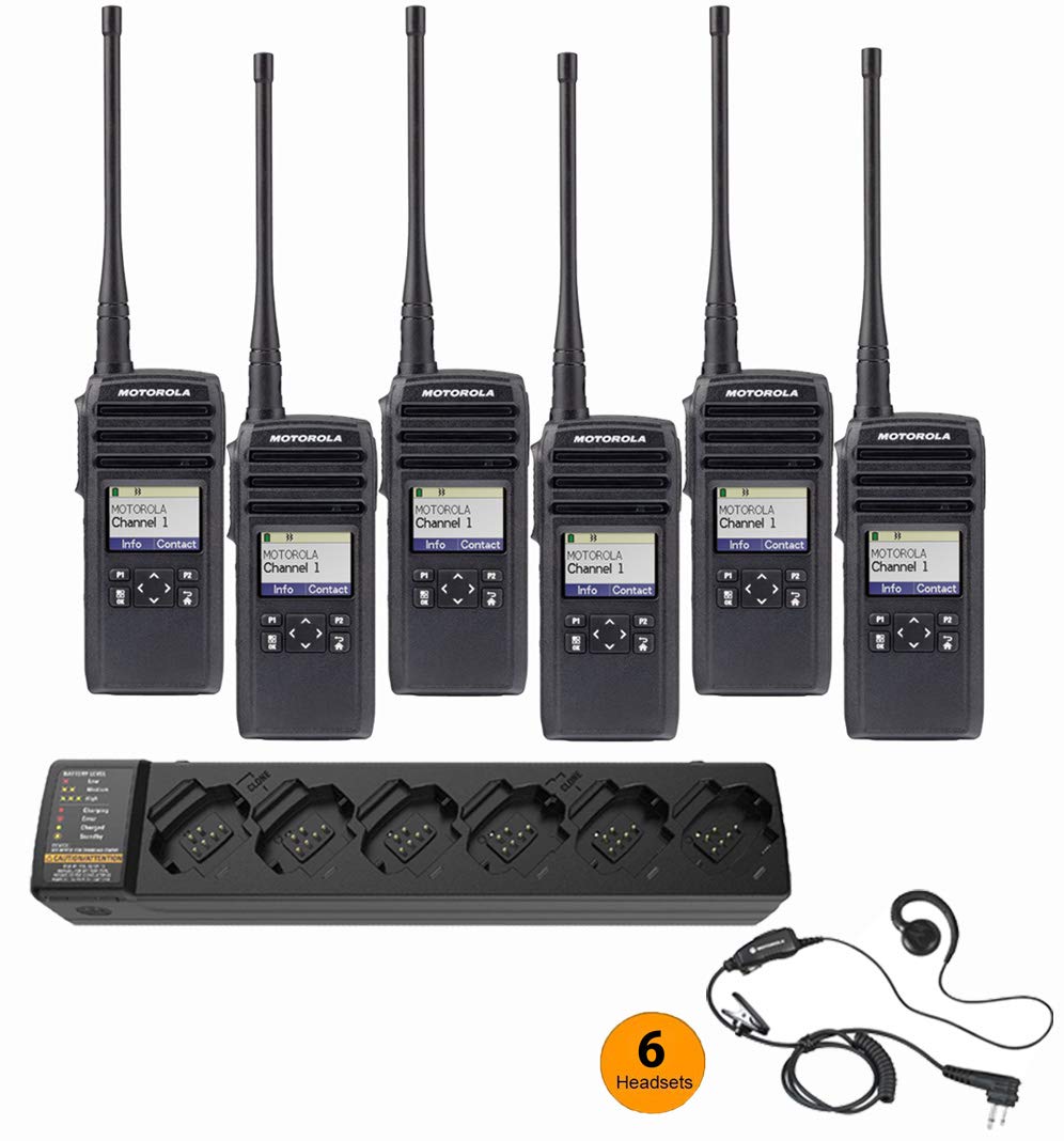 6 DTR600 Digital 900 MHz. License Free Digital Two-Way Business Radios with Display, 6 HKLN4604 Swivel Earpieces & 1 PMPN4465 6 Radio Charger by Motorola Solutions - Intended for Business Use