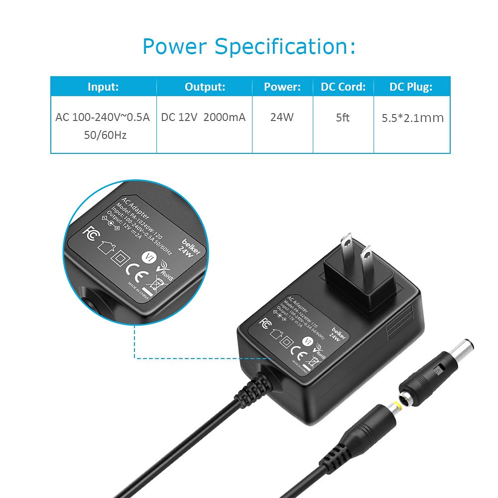 Belker 12V 2A 1.5A AC Adapter Charger Power Adapter Supply for 12 Volt Electronics - 2000mA Max.