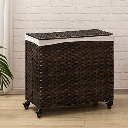 ALIMORDEN Wicker Laundry Hamper with Lid and Wheels 110L Clothes Laundry Basket with Removable Liner Bags Large Hampers for Laundry Organizer 3 Sections for Bedroom Closet Laundry Room Bathroom Brown