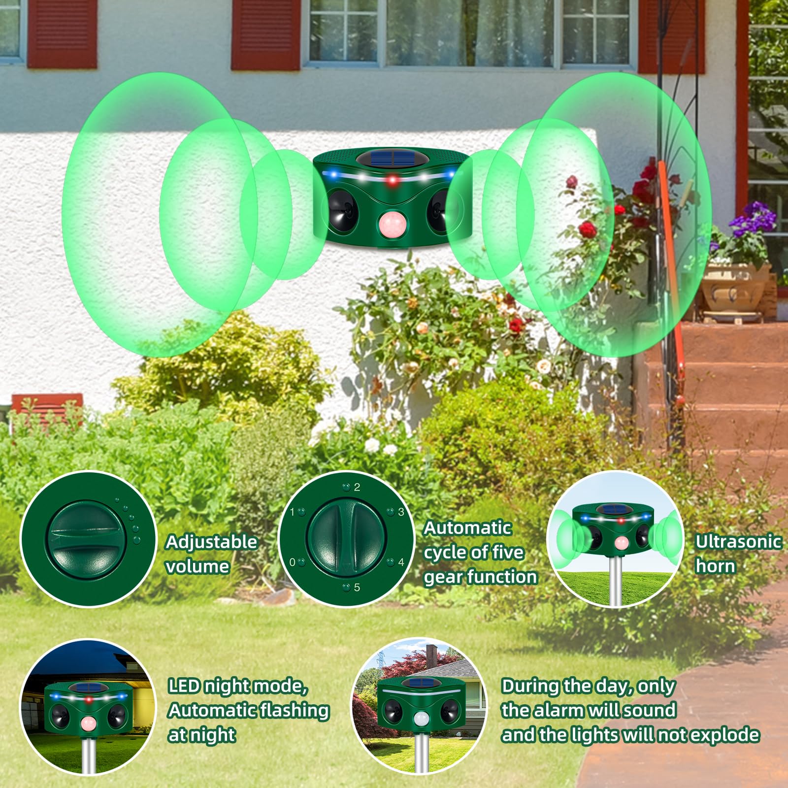 2 Pack Ultrasonic Cat Repellent Outdoor, Waterproof Solar Animal Deterrent with Motion Sensor for Deer Squirrel Cat Dog Skunk Rabbit Raccoon, Deer Repellent Devices