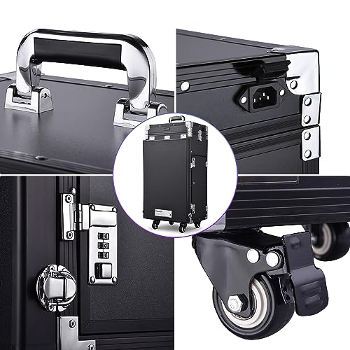 Bei Cheng Rolling Manicure Desk Makeup Train Case Travel Cosmetic Trolley Storage Organizer Nail Tables for Technician Workstation Makeup Salon with 4 Drawers Mirror & Speaker Black
