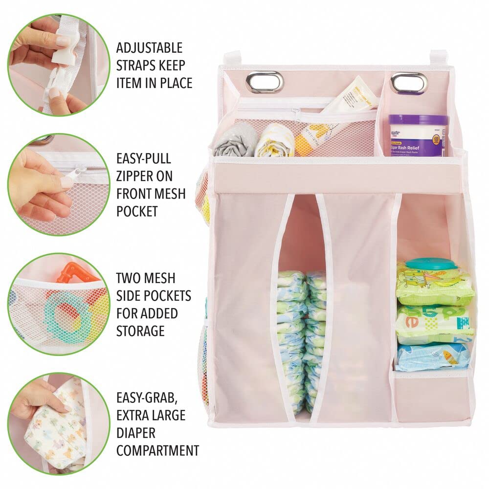 mDesign Baby Nursery Hanging Storage Organizer Caddy and Diaper Stacker for Baby Essentials, Hang on Crib, Changing Table or Wall - Multiple Pockets to Store Wipes, Creams, Lotions,Toys - Light Pink