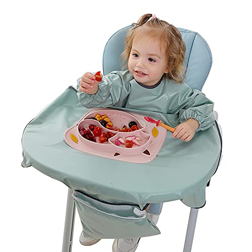 Jarafom Baby Weaning Bibs anti-dirty Highchair Waterproof Long Sleeved Bib Set Stain Odor Resistance Play Smock Apron 6-36 Months (Sleeved Green)