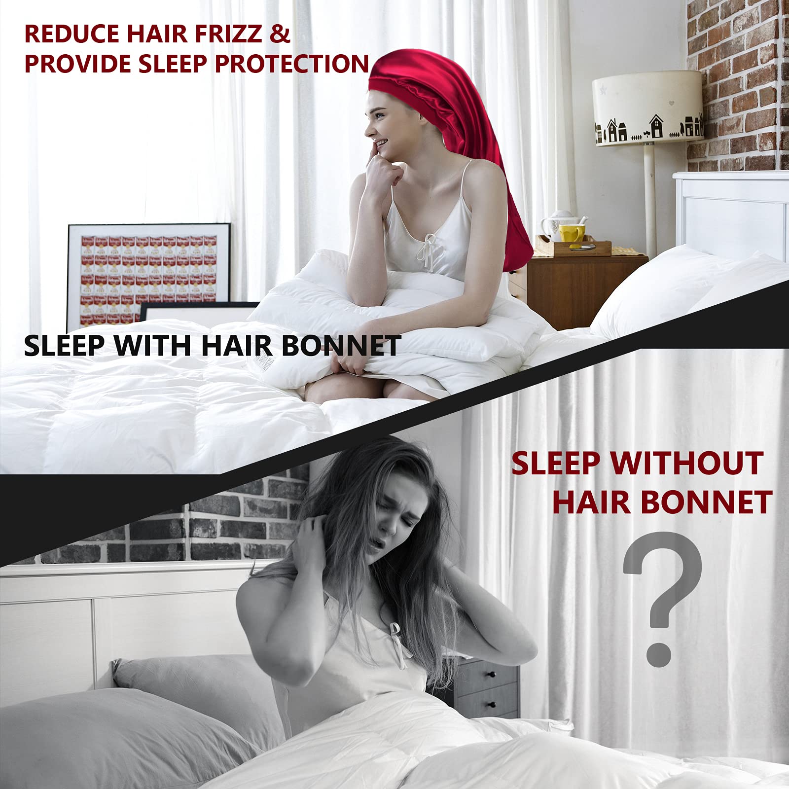 Aquior Large Satin Bonnet Sleep Cap, 2 Pcs Long Silk Bonnet for Braids Bonnets for Black Women No Fading Silk Elastic Well-Sealed Band Hair Cap