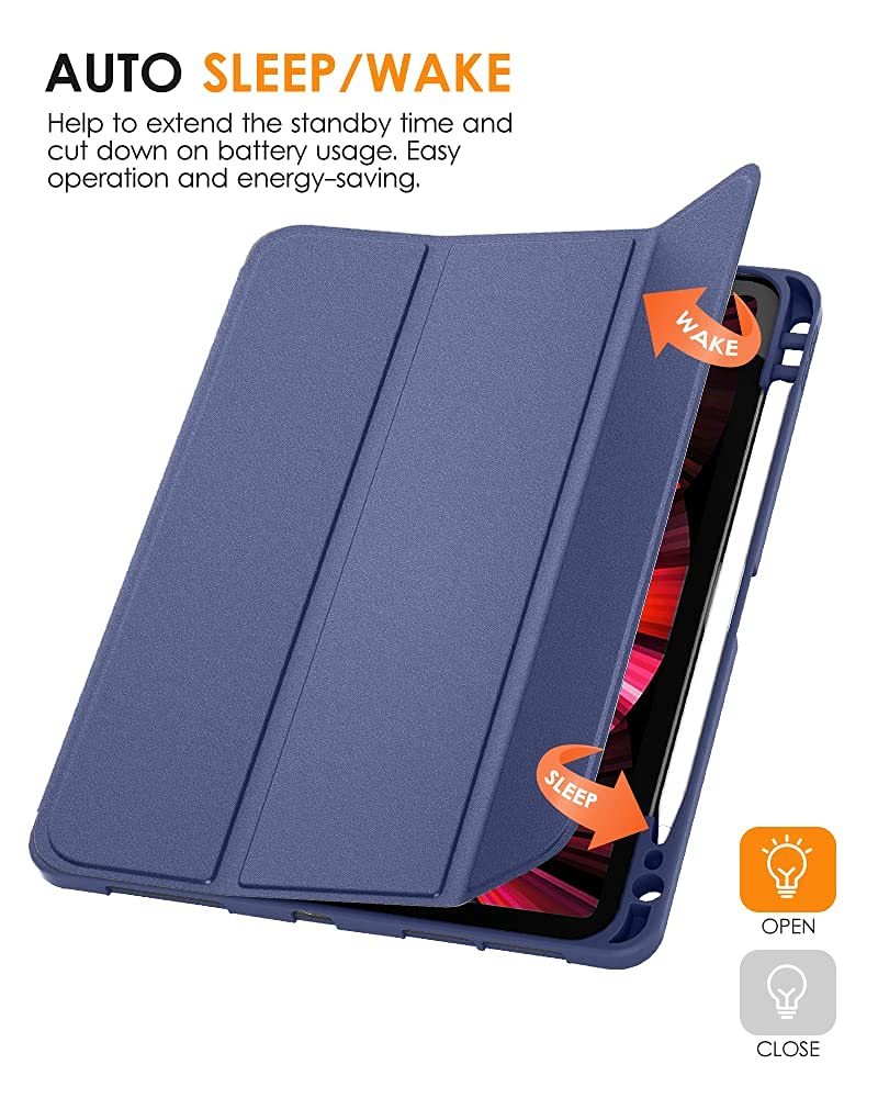 DTTO for iPad Pro 11 inch 4th/3rd/2nd/1st Generation 2022/2021/2020/2018 Case, Smart Slim Trifold Stand Soft TPU Back Cover with Built-in Pencil Holder, Also Fit iPad Air 5/4,Navy Blue