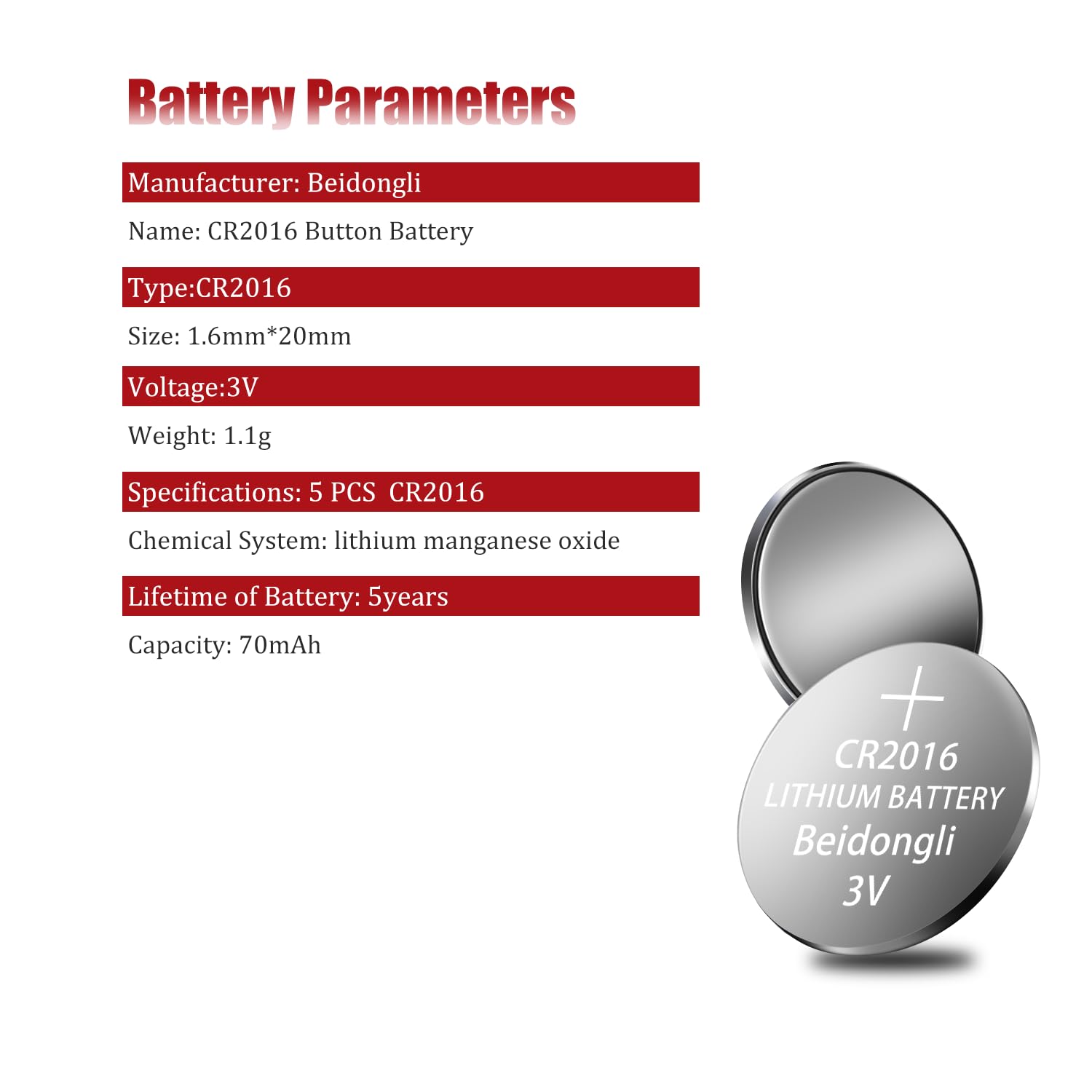Beidongli CR2016 3V Lithium Battery (10-Pack)【5-Year Warranty】