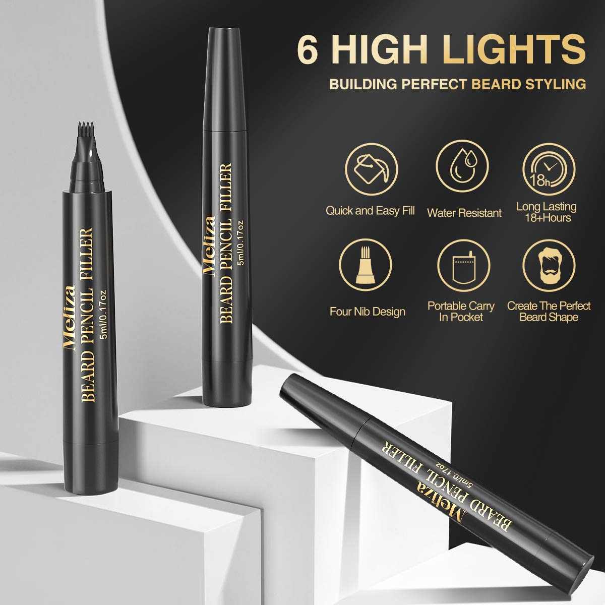 Beard Pencil Filler,Meliza Beard Pen,Waterproof Proof & Sweat Proof,Beard Pencil Filler for Men Long Lasting Coverage Natural Finish Beard Pencil (Black)