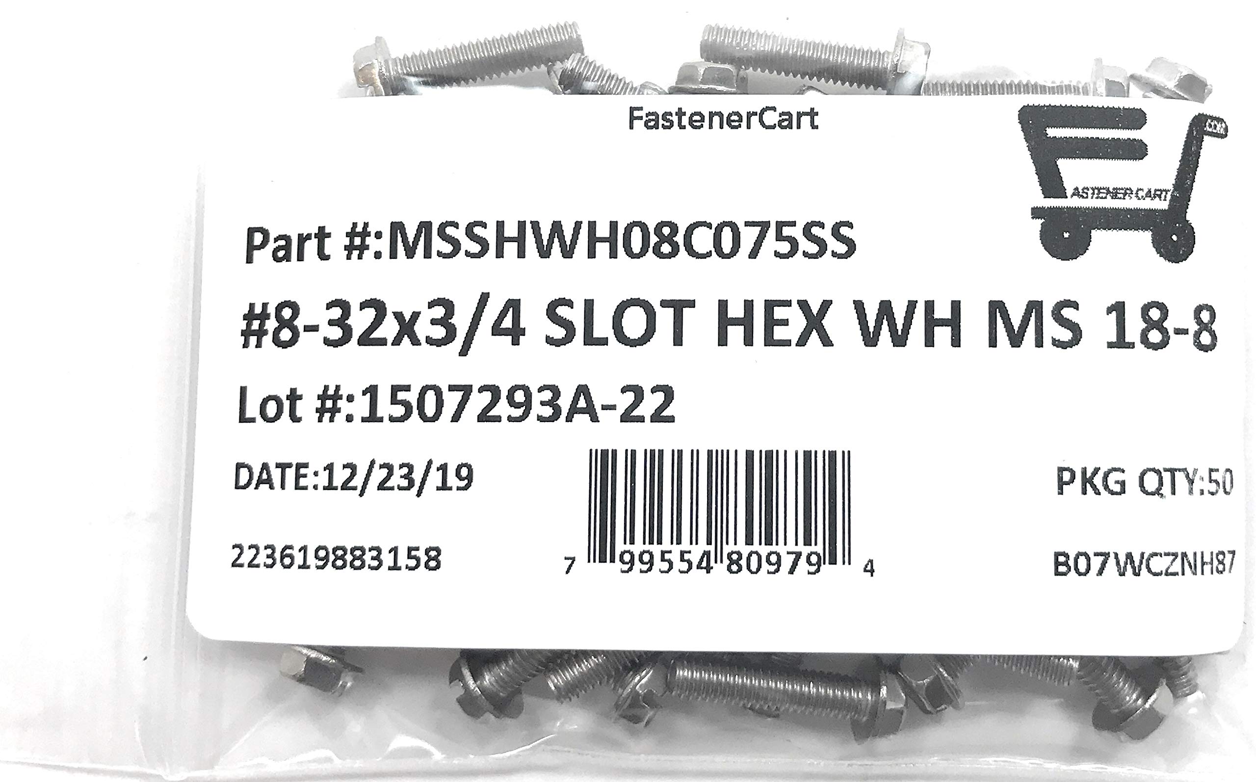 8-32x3/4 Slotted Hex Washer Head Machine Screws 18-8 Stainless Steel (50 Pcs)