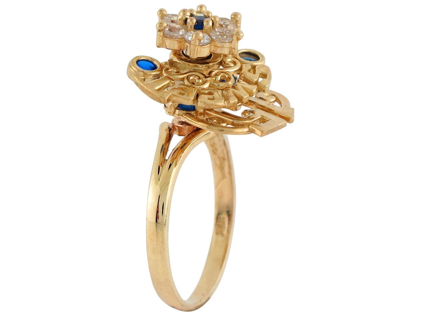 14k Yellow Gold Quinceanera Sweet 15 Simulated Sapphire White CZ Floral Motion Ring - Size 5.00