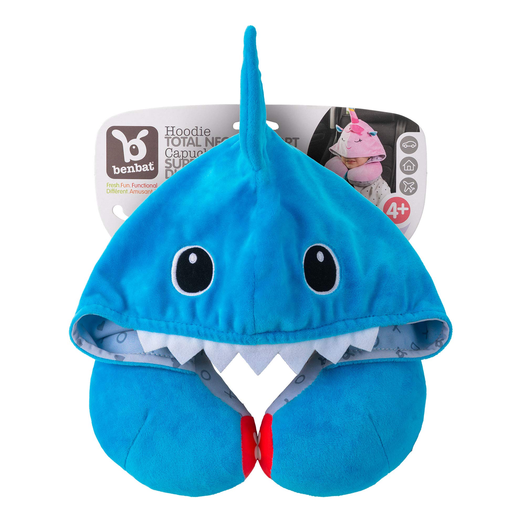 BENBAT Hooded Travel Pillow Neck Support β Soft, Polyester Total Car Seat Head Support for Children 4+ with Magnetic Closure and Ponytail Hole β Machine-Washable Travel Essentials (Shark)