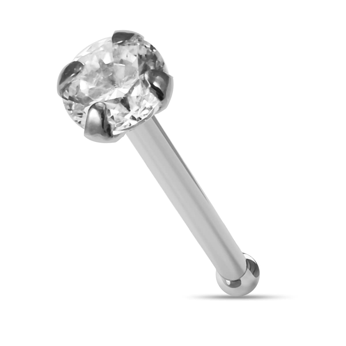 14K White Gold Claw Set 1.5MM Round CZ Stone 22 Gauge Ball End Nose Stud Piercing Jewelry