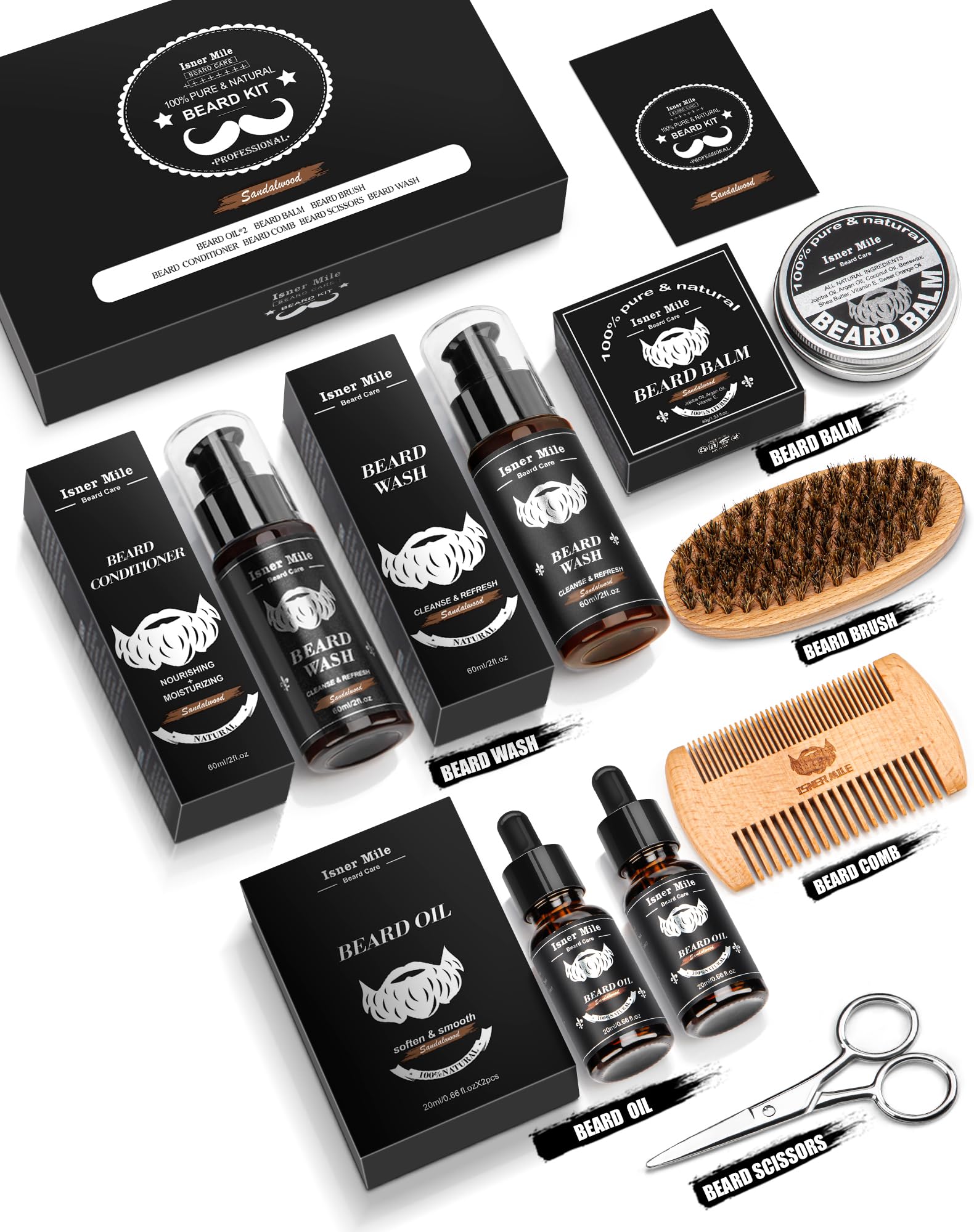 Beard Kit for Men Grooming & Care with 2 Pack Beard Oils, Balm, Wash & Conditioner for After Shave Lotions-Sandalwood, Brush, Combs, Scissors, Valentine's Day Christmas Fathers Gifts for Dad Men Him