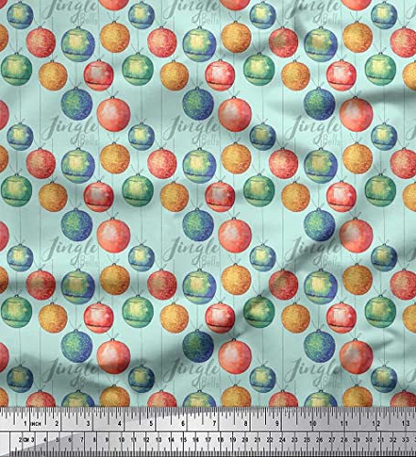 Soimoi Green Cotton Canvas Fabric Baubles Christmas Print Fabric by The Yard 56 Inch Wide
