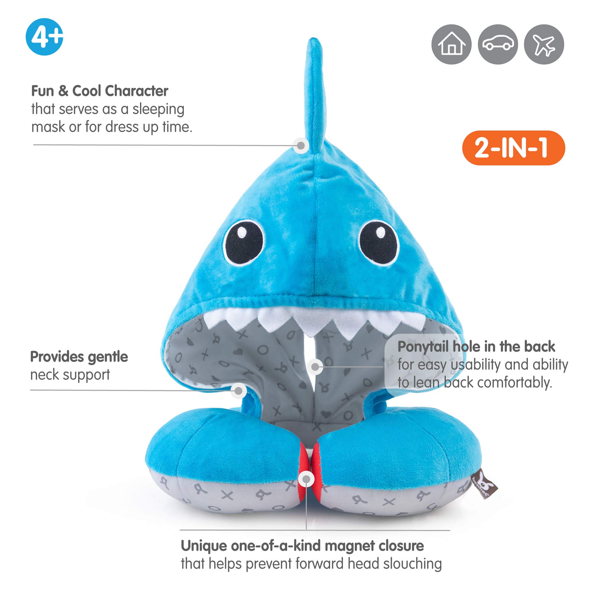 BENBAT Hooded Travel Pillow Neck Support β Soft, Polyester Total Car Seat Head Support for Children 4+ with Magnetic Closure and Ponytail Hole β Machine-Washable Travel Essentials (Shark)