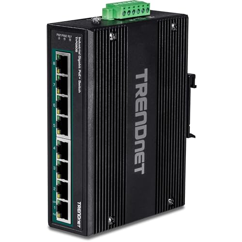 TRENDnet 8-Port Hardened Industrial Unmanaged Gigabit 10/100/1000Mbps DIN-Rail Switch w/ 8 x Gigabit PoE+ Ports, TI-PG80B, 24 – 56V DC Power inputs with Overload Protection, Lifetime Protection