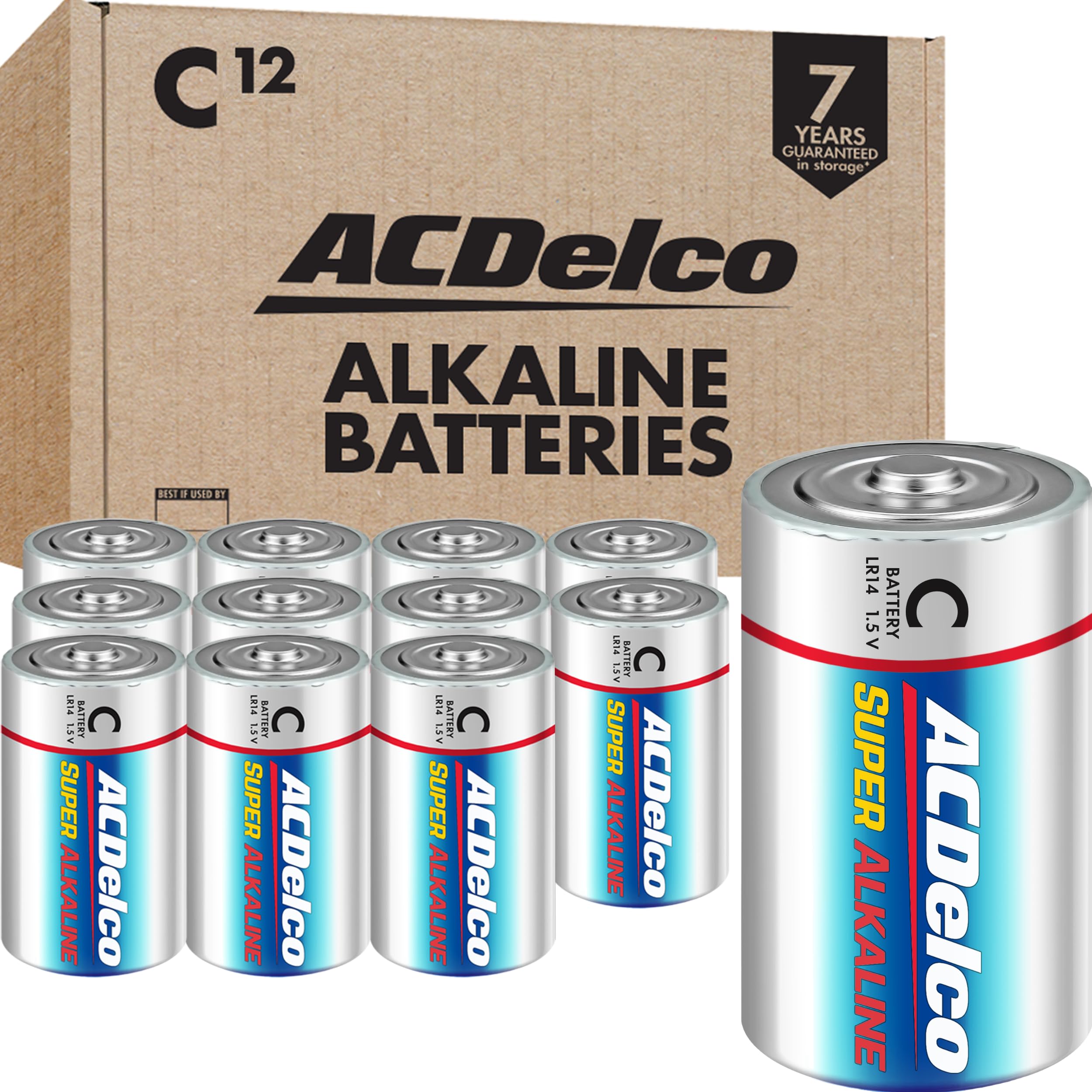 ACDelco 12-Count C Batteries, Maximum Power Super Alkaline Battery, 7- Year Shelf Life, Recloseable Packaging