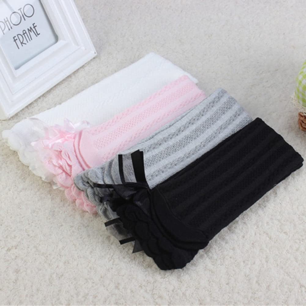 Toptim Little Girl's Knee High Socks Over Calf Kids Overknee Stockings Bow Style 3-12T(Pink/White/Grey/Black)