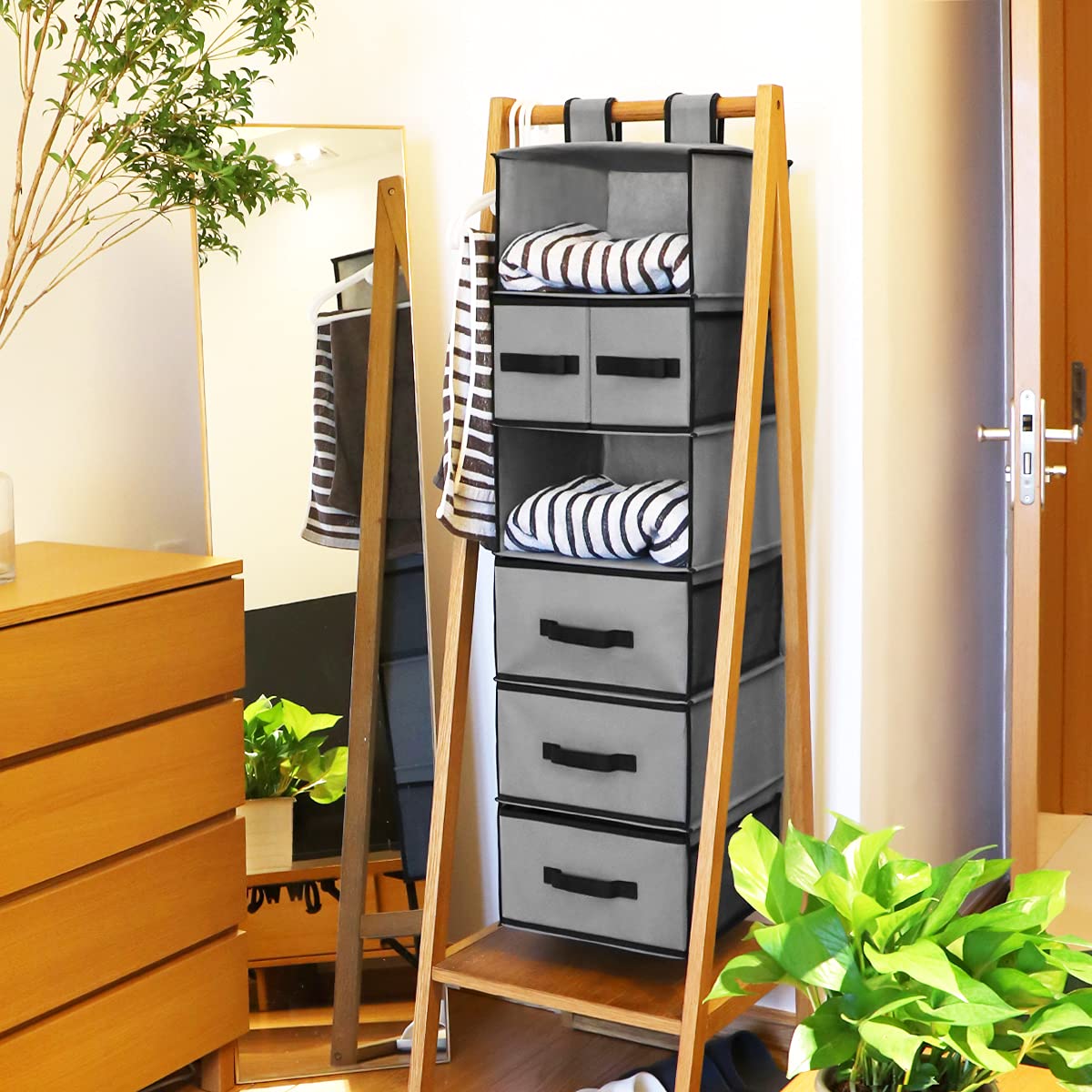 6 Shelf Hanging Closet Organizers Storage Easy Mount Collapsible Accessory Closet Shelf Organizer, Baby Nursery Sweater or Shoe Organizer (Gray)