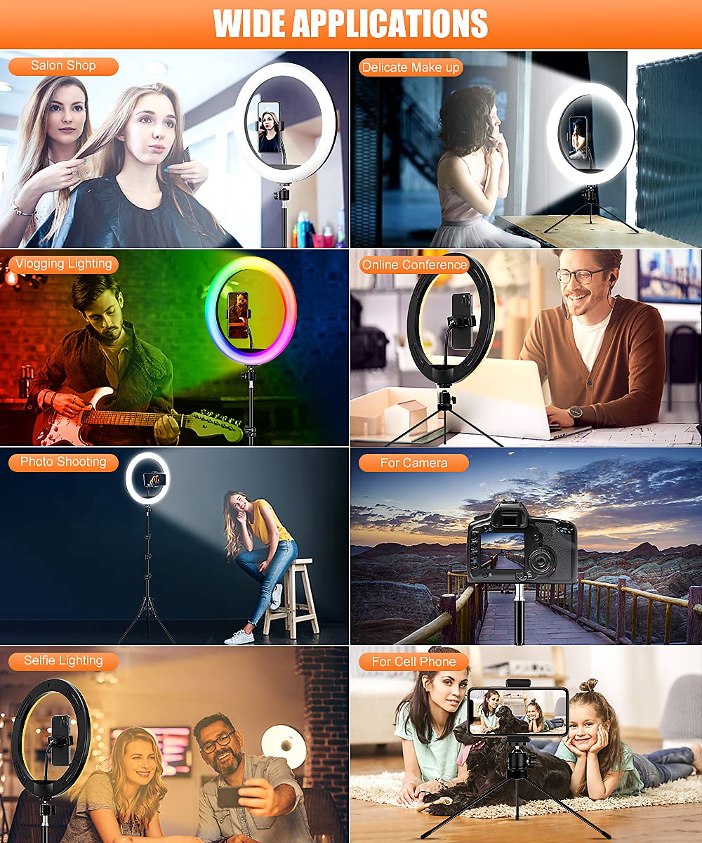 12.6'' Ring Light with Stand and Phone Holder: Totally 74" Tall Led Ringlight Tripod with 40 Color Modes, Floor and Desktop Stand with Circle Lights for iPhone Phone Makeup Video Meeting Live Stream