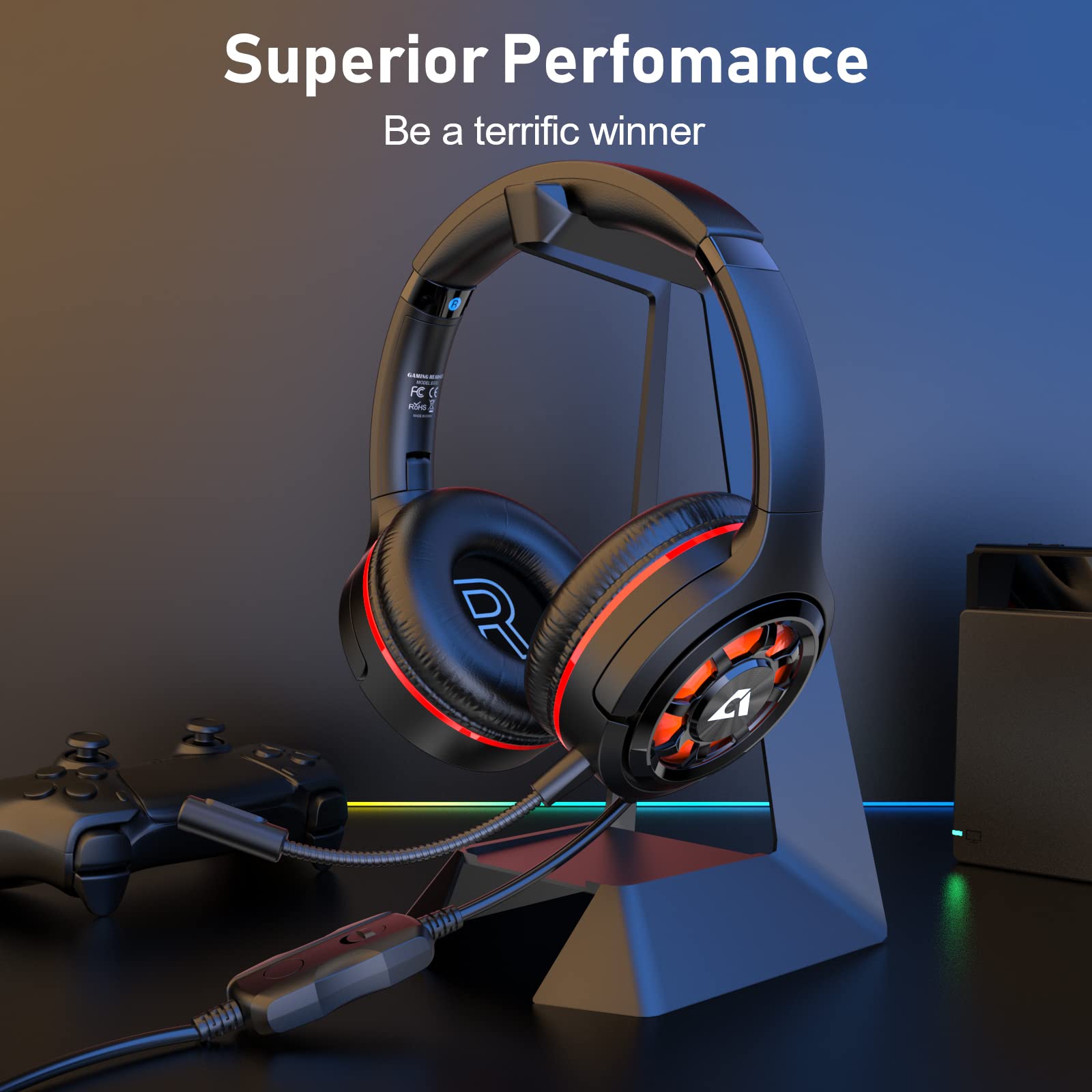 1Mii Ankbit USB Gaming Headset for PC Laptop PS4/PS5 w/Virtual 7.1 Stereo 3D Surround Sound, 50mm Drivers USB Gaming Headphones Detachable Mic, RGB LED Light, Volume Control PC Gaming Headset -EG03