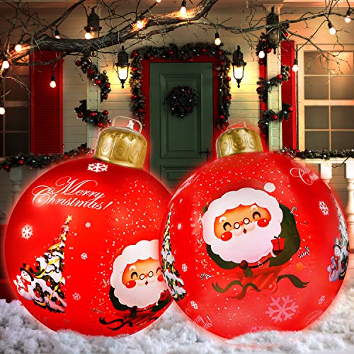 2PCS Light Up PVC Inflatable Christmas Ball, 24 Inch Outdoor Christmas Decorations with 16 Colors LED Light and Remote, Christmas Ornaments Blow Up Yard Decorations for Holiday Home Lawn Tree Pool
