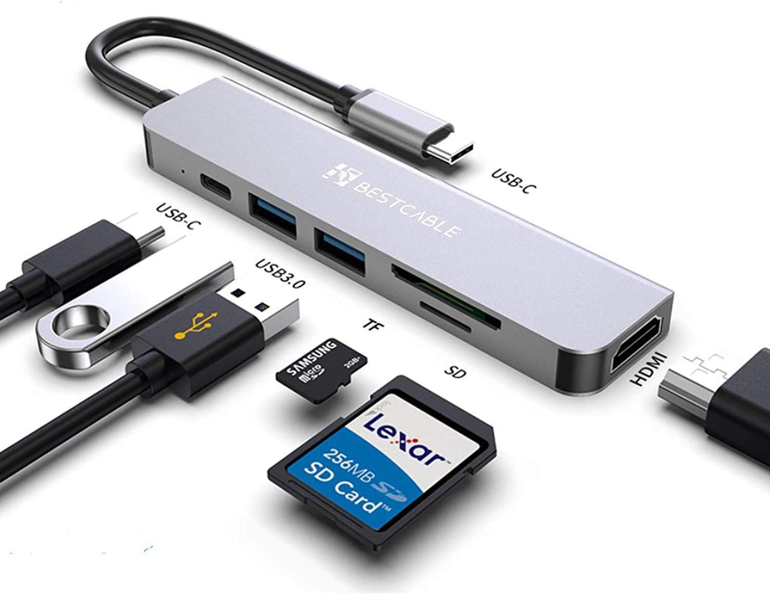BEST CABLE USB C Hub Multiport Adapter - 6 in 1 Portable with 4K HDMI Output, 2* USB 3.0 Ports, SD/TF Card Reader,USB C 100W PD, Compatible with MacBook Pro, XPS More USB C Devices