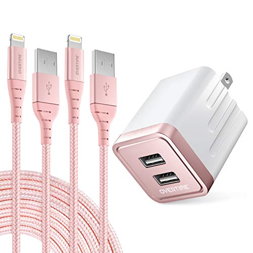 iPhone Charger Set, 2-Pack Overtime Apple MFi Certified Lightning Cables with 1 Dual USB Wall Adapter - 2.4 AMP Compatible w/iPhone 11 Pro Max XS XR X 8 7 6S 6 Plus SE iPad (Rose Gold/Rose Gold, 10ft)