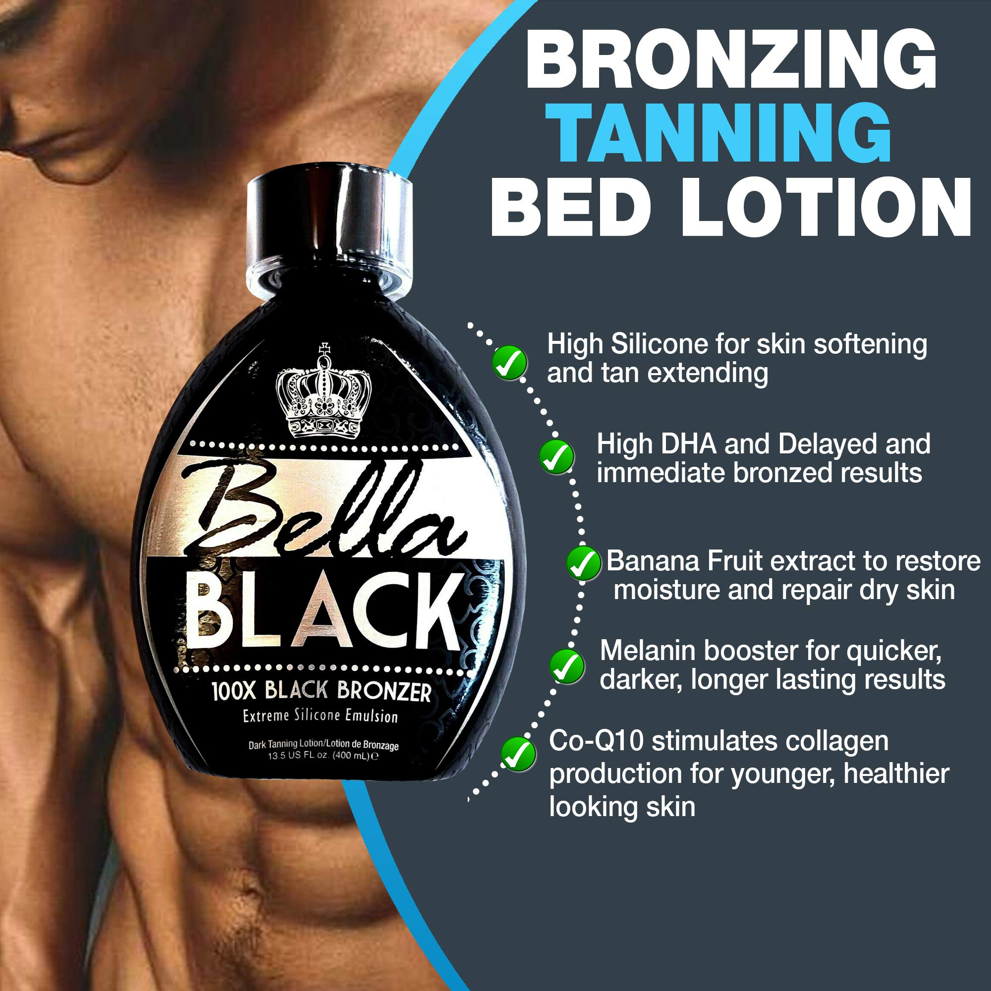 Bella Black 100X Bronzer Tanning Lotion – Premium Tanning Bed Lotion with Extreme Silicone Emulsion and Banana Fruit Extract – Instant Results – Dark Tanning Lotion for Indoor Tanning Beds - 13.5oz