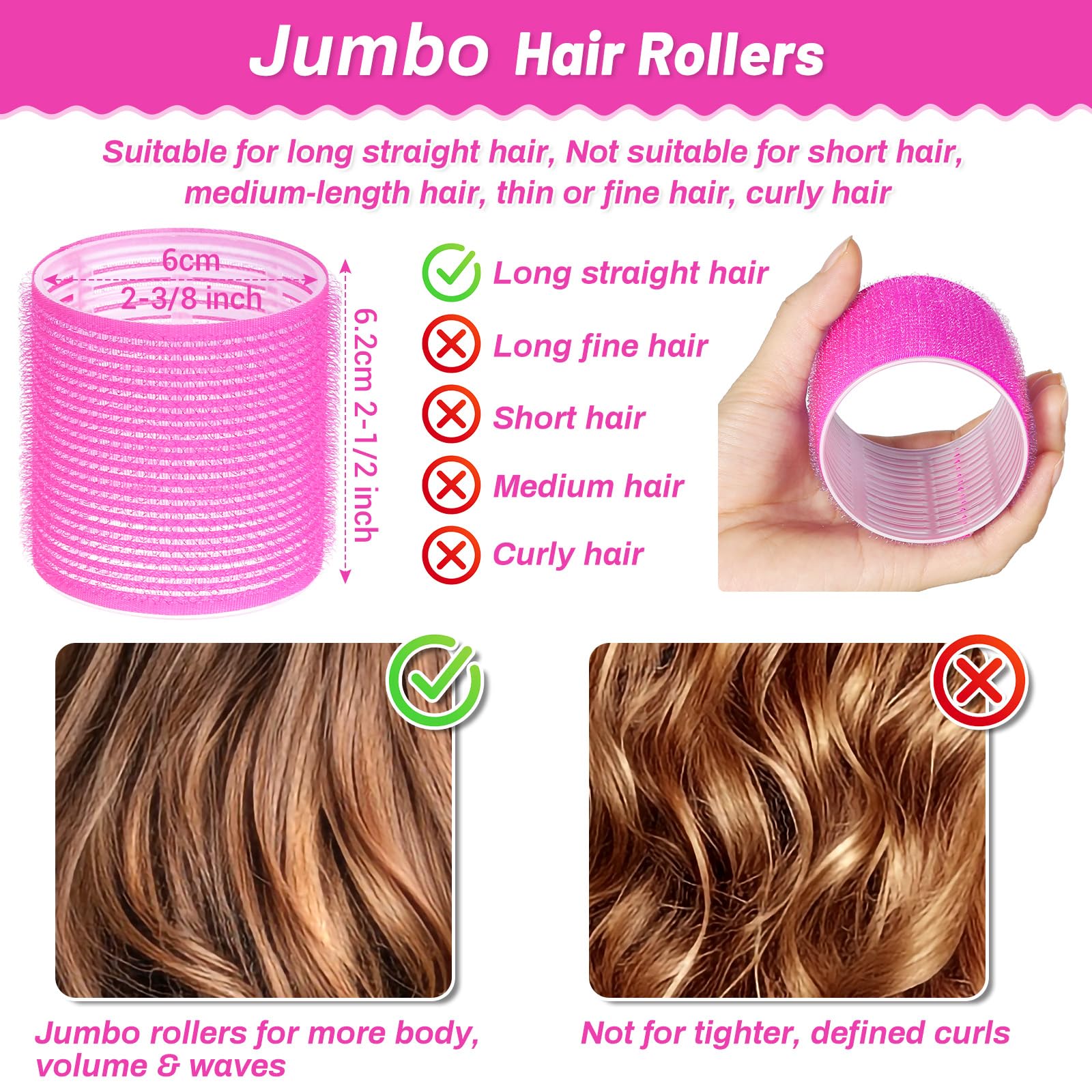 Jumbo Hair Curlers Self-Grip Rollers, 60mm Large Rollers with Clips for Long, Thick Straight Hair (Rose Red) - Hair Curlers Rollers