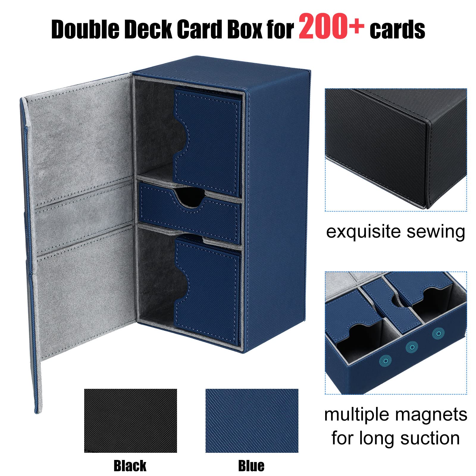 2 Boxes Double Deck Card Boxes Compatible with MTG Cards Leather Deck Card Boxes for 200+ Sleeved Cards Twin Flip Deck Case with 3 Tray for Trading Card Games (Red, Black)