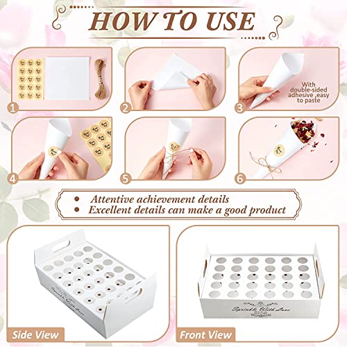 30 Pcs Party Confetti Cone Holder Box Set Stand Tray Box Petals Bouquet Candy Wedding Confetti Cones Confetti Cone Holder Favor Include Ropes, Adhesive Stickers Box and Tray