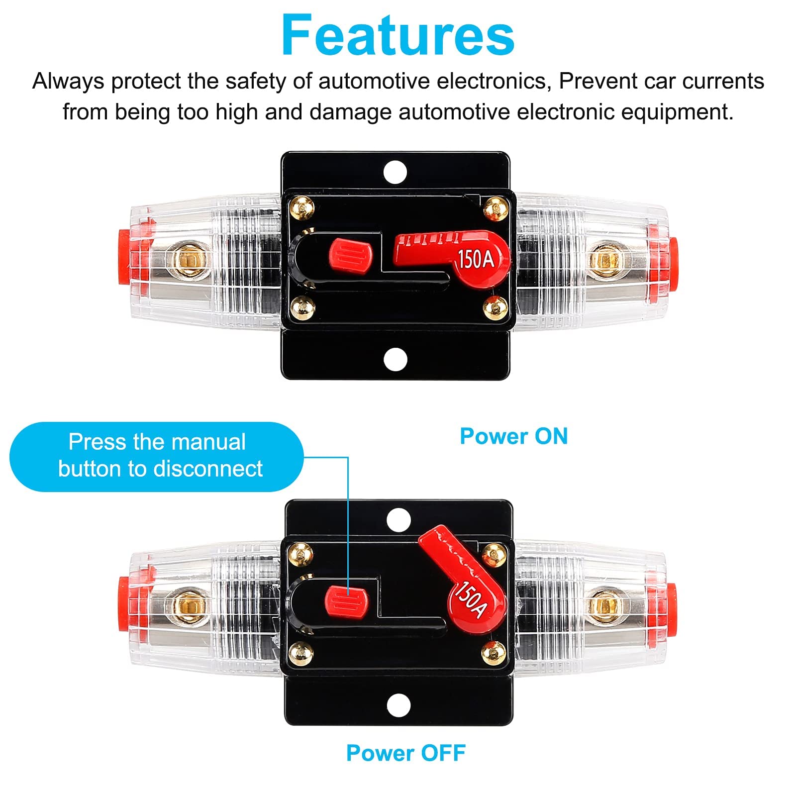 150 Amp Audio Circuit Breaker,12V-24V DC Fuse Holder,20-300A Breaker Switch,Inline Circuit Breaker with Reset Button,for Automotive Marine Boat Audio System Current Overload Protection