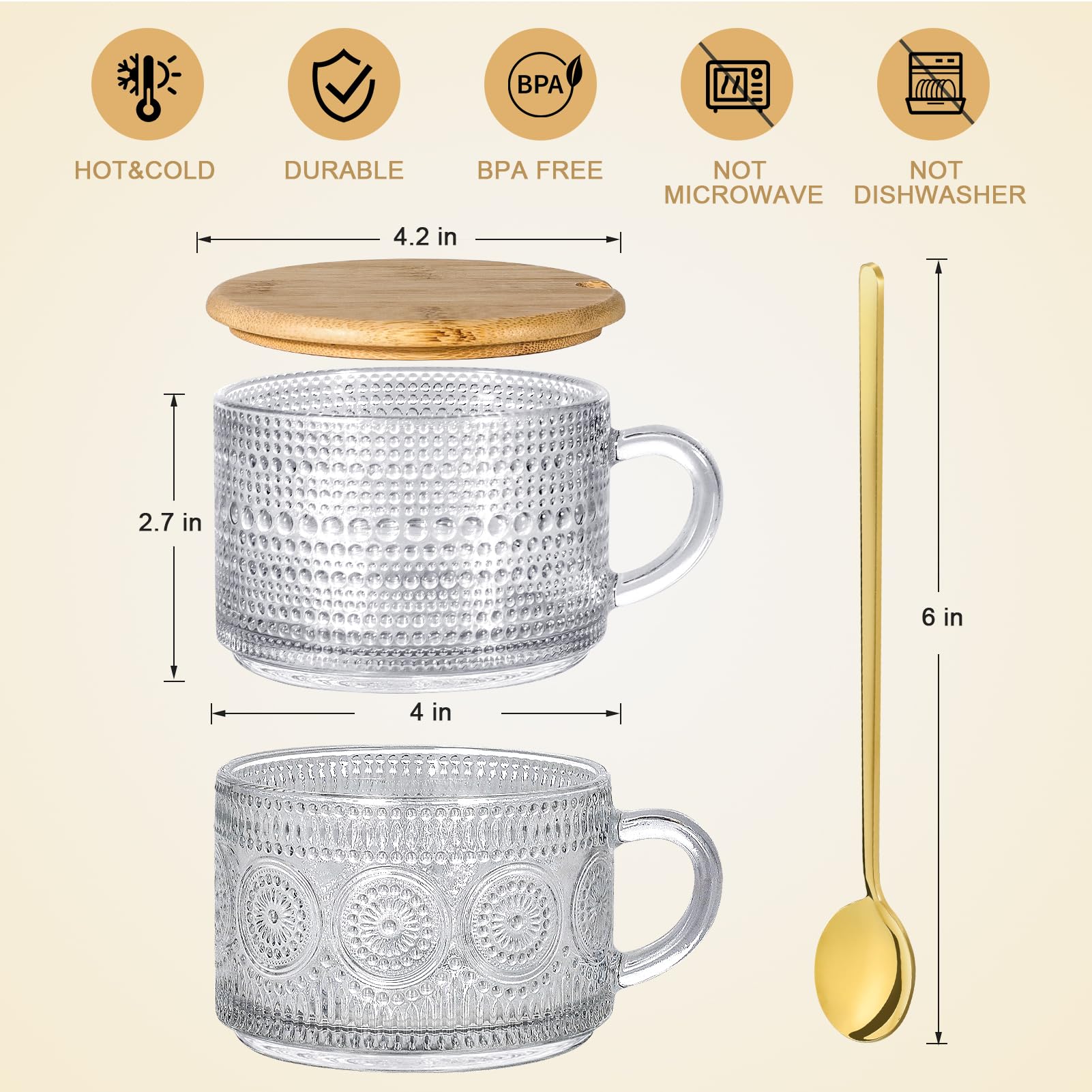 14oz Glass Coffee Mugs Cups , Overnight Oats Containers with Bamboo Lids and Spoons,Coffee Bar Accessories,Clear Embossed Tea Cups,Coffee Cups for Cappuccino, Latte,Christmas Thanksgiving Gift